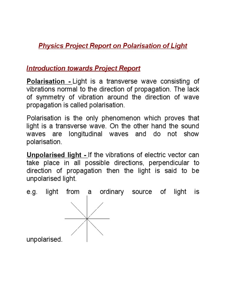 Physics Project Report On Polarisation of Light | PDF | Polarization (Waves) | Light