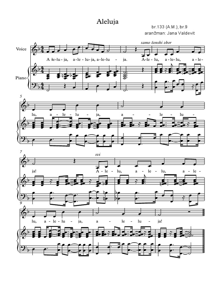 Aleluja (Za Ženski Zbor, Piano + Glas, Jana Valdevit) - Note PDF | PDF