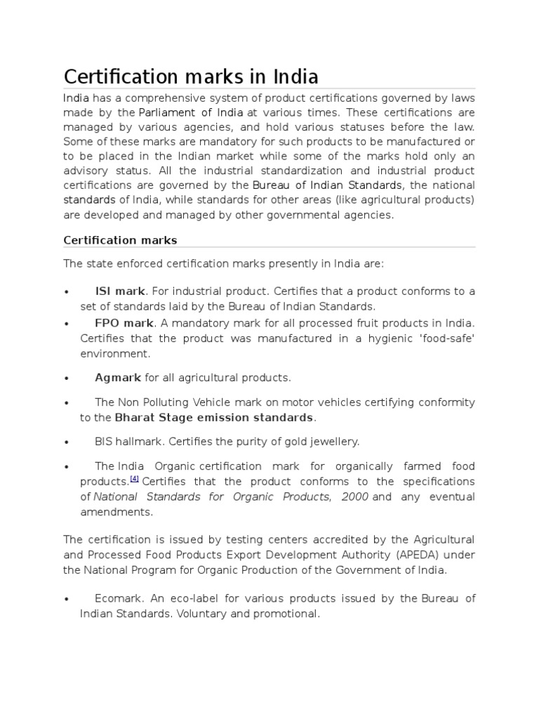 Certification Marks in India | PDF | Foods | Business