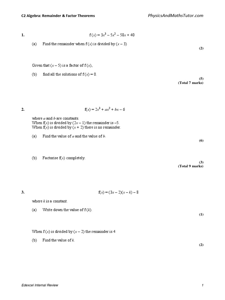 C2 Algebra - Remainder and Factor Theorem | PDF | Factorization | Quadratic Equation