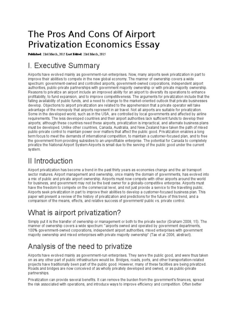 The Pros and Cons of Airport Privatization Essay | PDF | Privatization ...