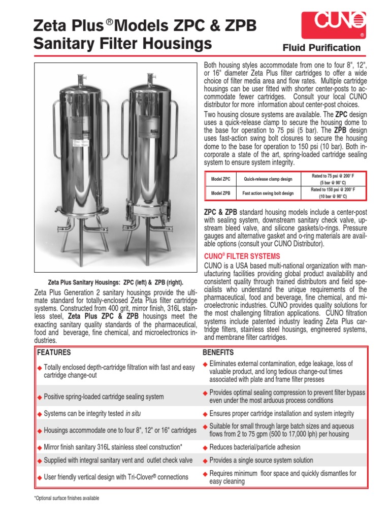 Cuno ZPC Zeta Plus Sanitary Housing | PDF | Filtration | Valve