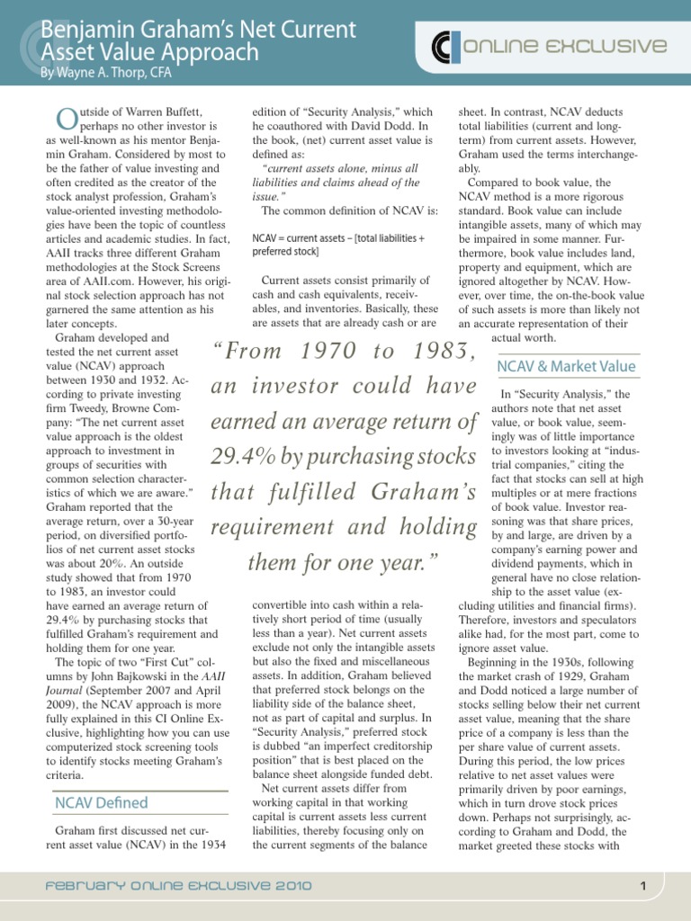 Benjamin Graham's NCAV Investment Strategy | PDF | Stocks | Book Value