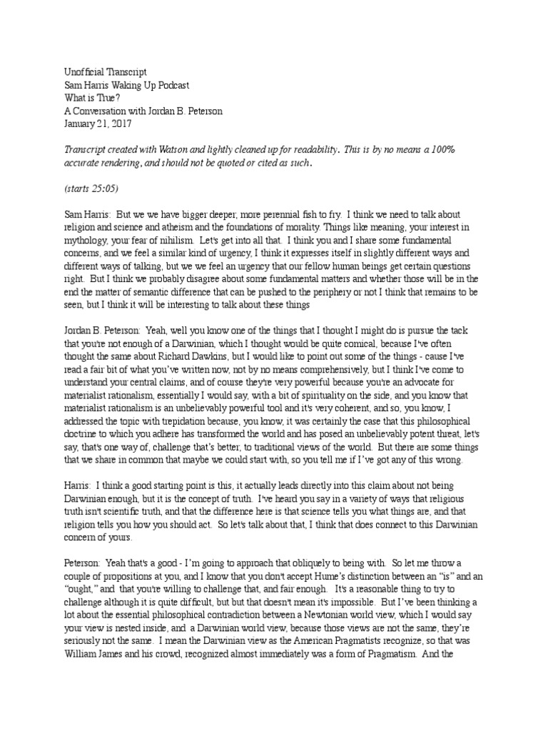 Sam Harris - Jordan B. Peterson What Is Truth? Transcript | PDF ...