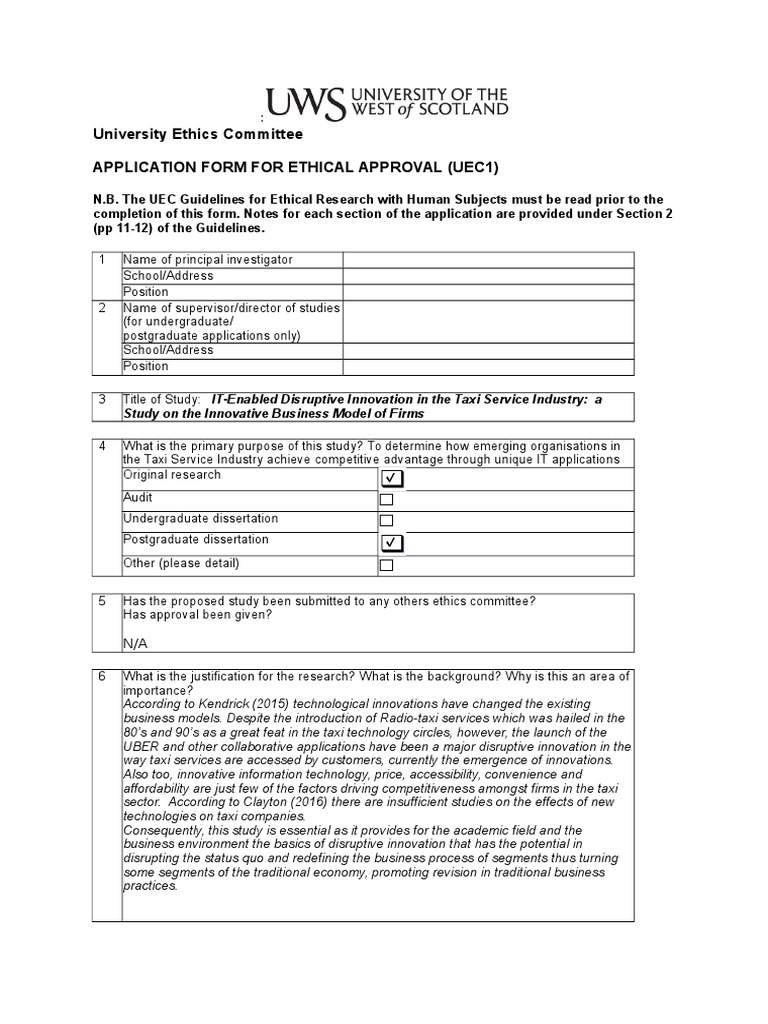 University Ethics Committee Application Form For Ethical Approval (Uec1 ...