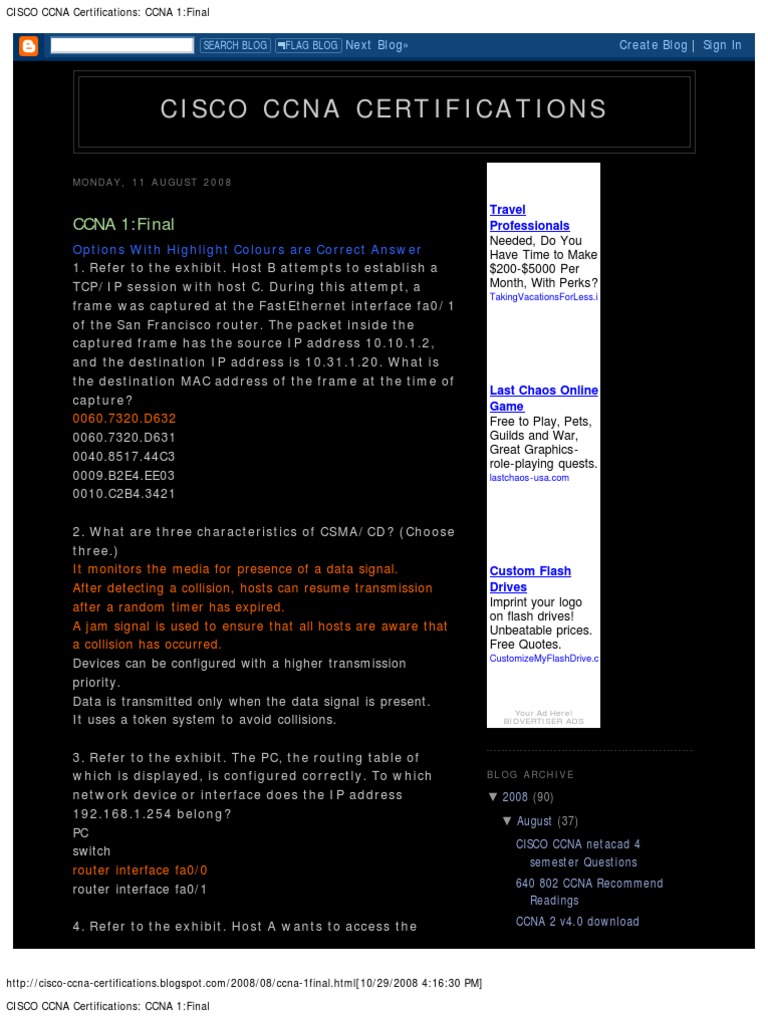 CISCO CCNA Certifications - CCNA 1 - Final | PDF | Cisco Certifications | Ip Address