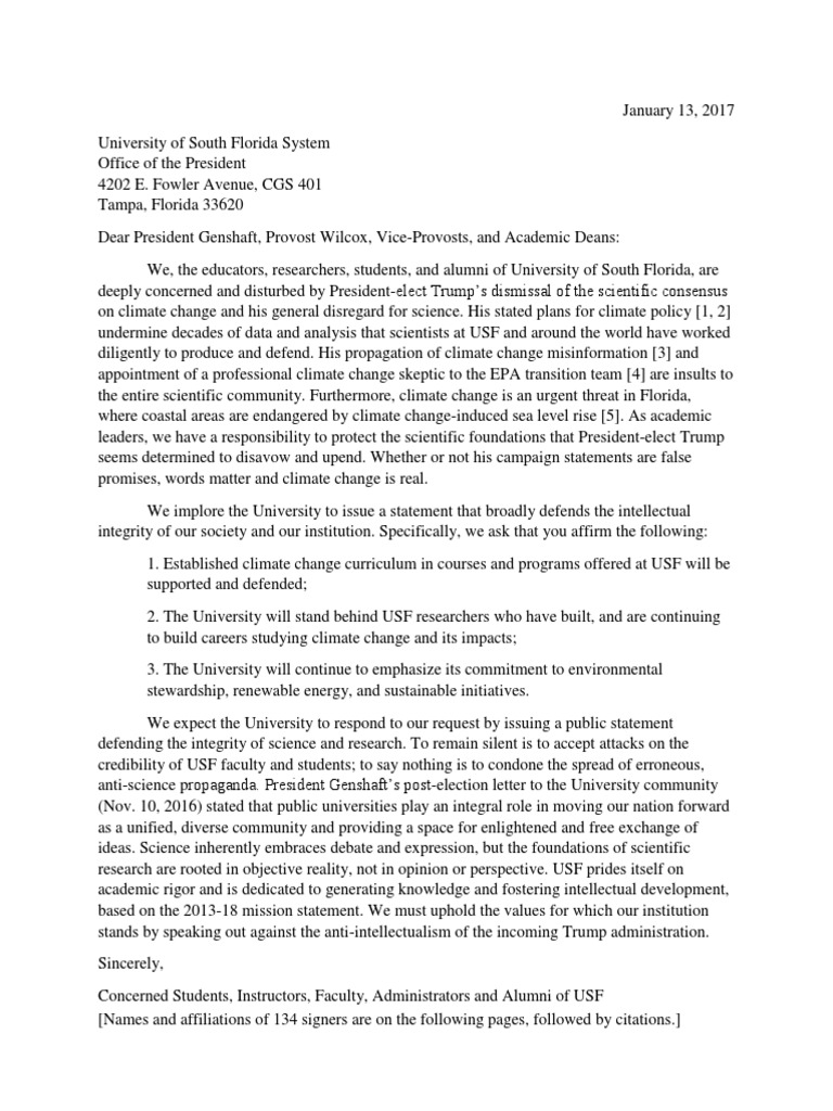 Letter On Scientific Research and Intellectual Integrity at USF | PDF ...