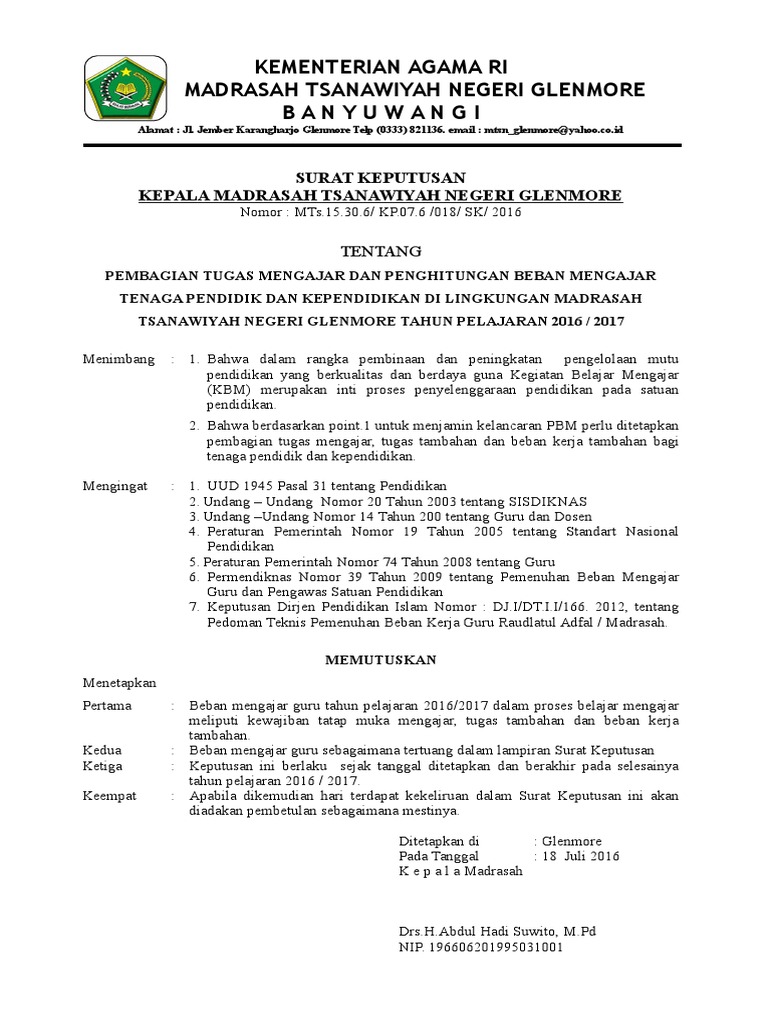 Contoh SK Pembagian Tugas Guru Dan Pegawai SMP-MTs - Word ...