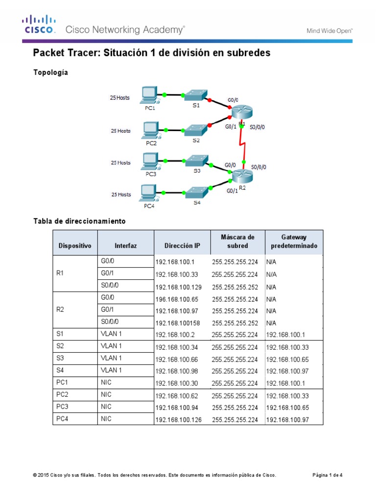 8.1.4.7 Packet Tracer - Subnetting Scenario 1 | PDF | Dirección IP | Red de computadoras
