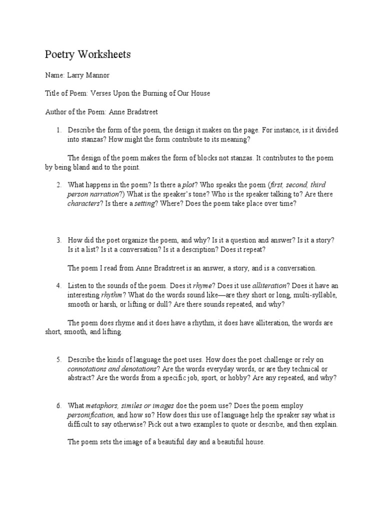 Poetry Worksheets: Person Narration Characters | PDF