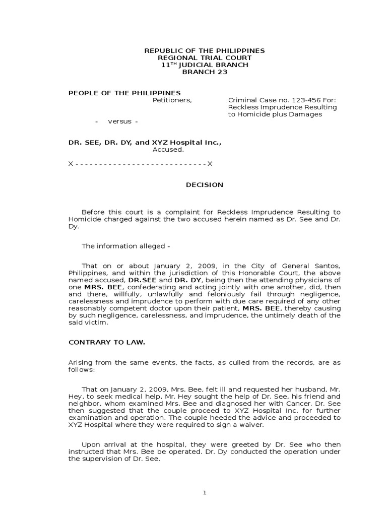 Sample Decision Legal Writing | Damages | Negligence