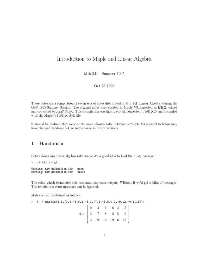 Introduction To Maple and Linear Algebra: 1 Handout A | PDF ...