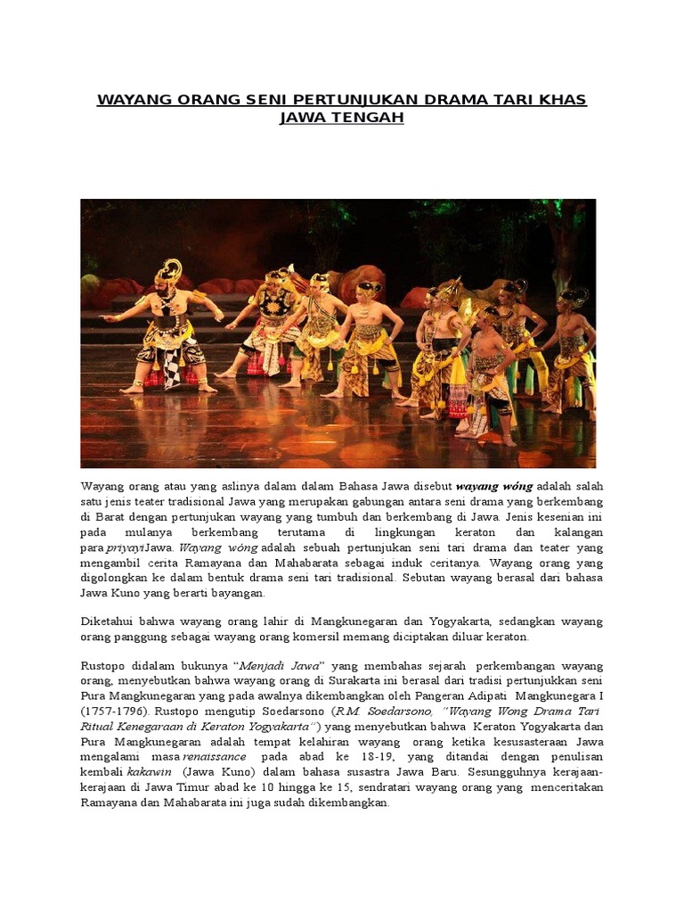 Wayang Orang Seni Pertunjukan Drama Tari Khas Jawa Tengah | PDF
