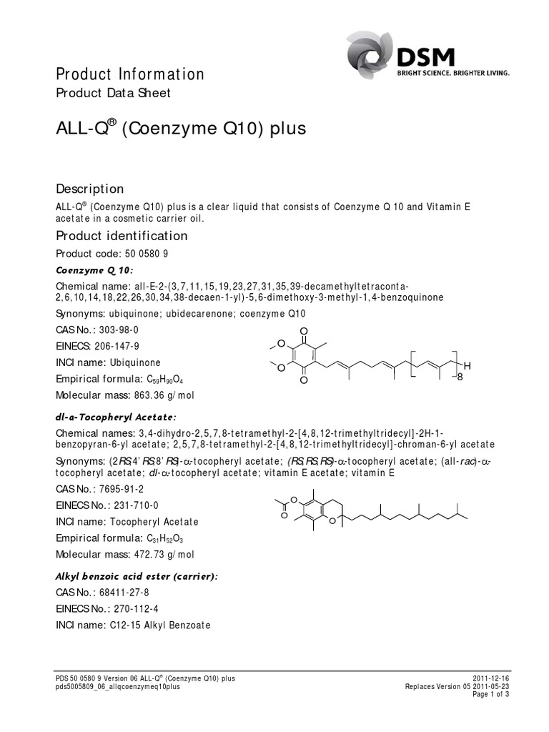 ALL-Q (Coenzyme Q10) Plus - PDS | PDF | Acetate | Organic Compounds