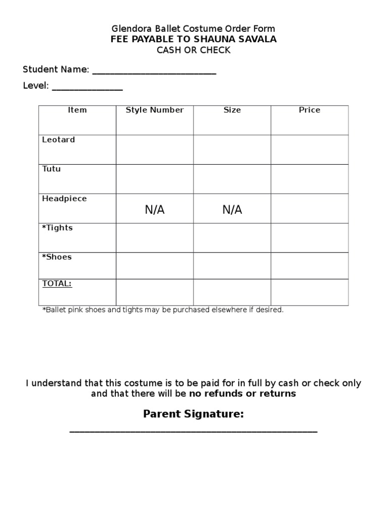 Ballet Costumeorderform | PDF | Clothing | Business