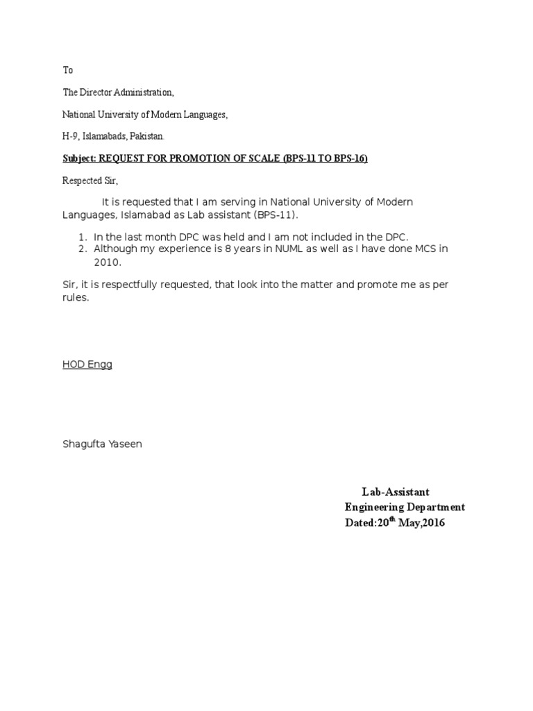 Subject: Request For Promotion of Scale (Bps-11 To Bps-16) : Lab ...