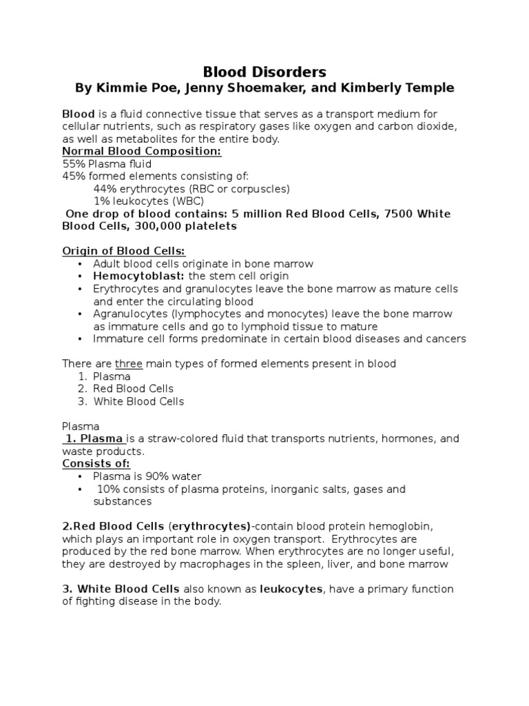 blood disorders- handout | Anemia | Coagulation
