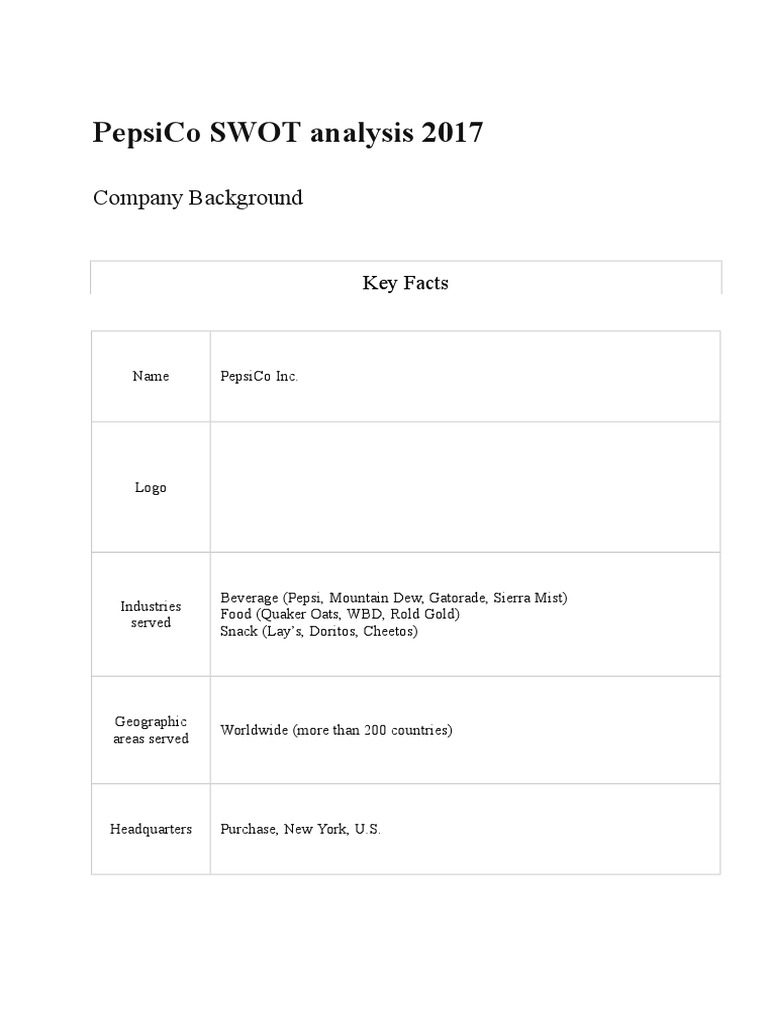 PepsiCo SWOT Analysis 2017 | PDF | Pepsi Co | Food Industry