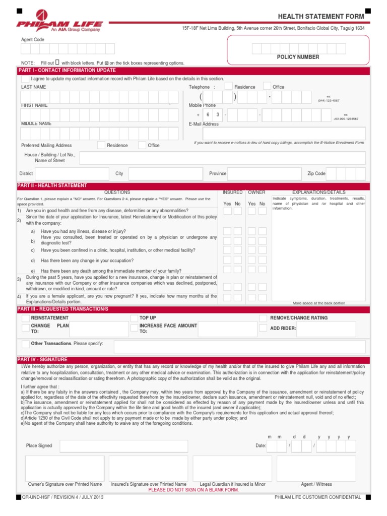 Health Statement Form PDF | PDF | Insurance | Health Care