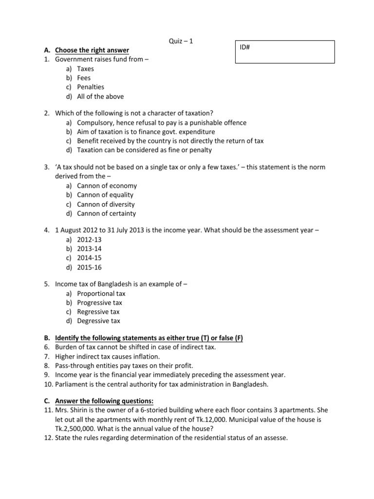 Taxation Quiz: Concepts and Principles | PDF