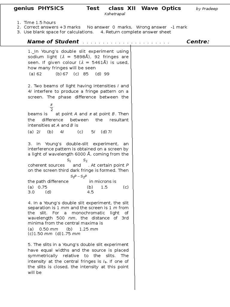 Test Wave Optics | PDF | Wavelength | Waves