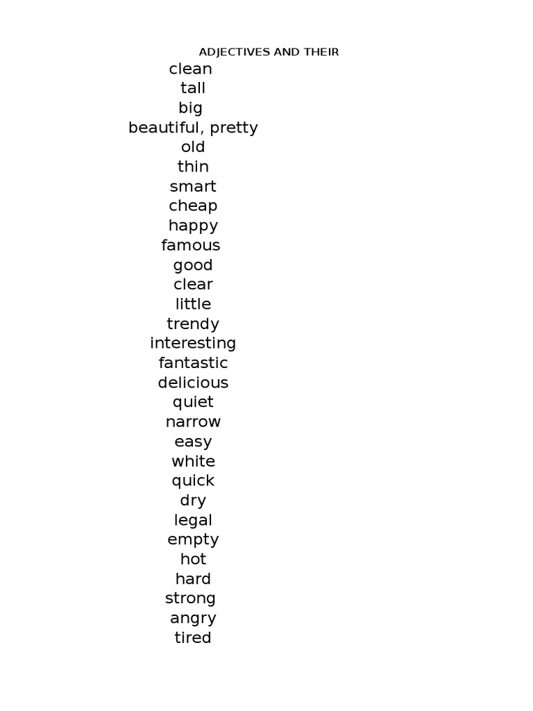 A Comprehensive List of Common Adjectives and Their Antonyms to ...