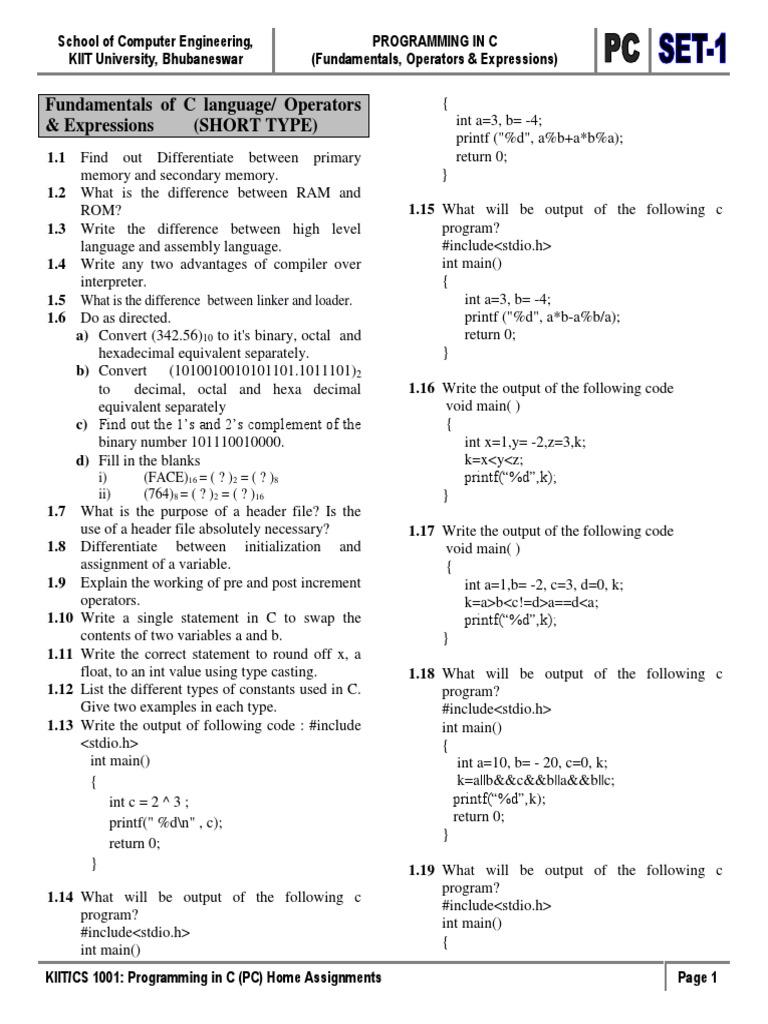 Set 1 Pc Fundamentals Home Assignment Pdf C Programming Language Computer Programming