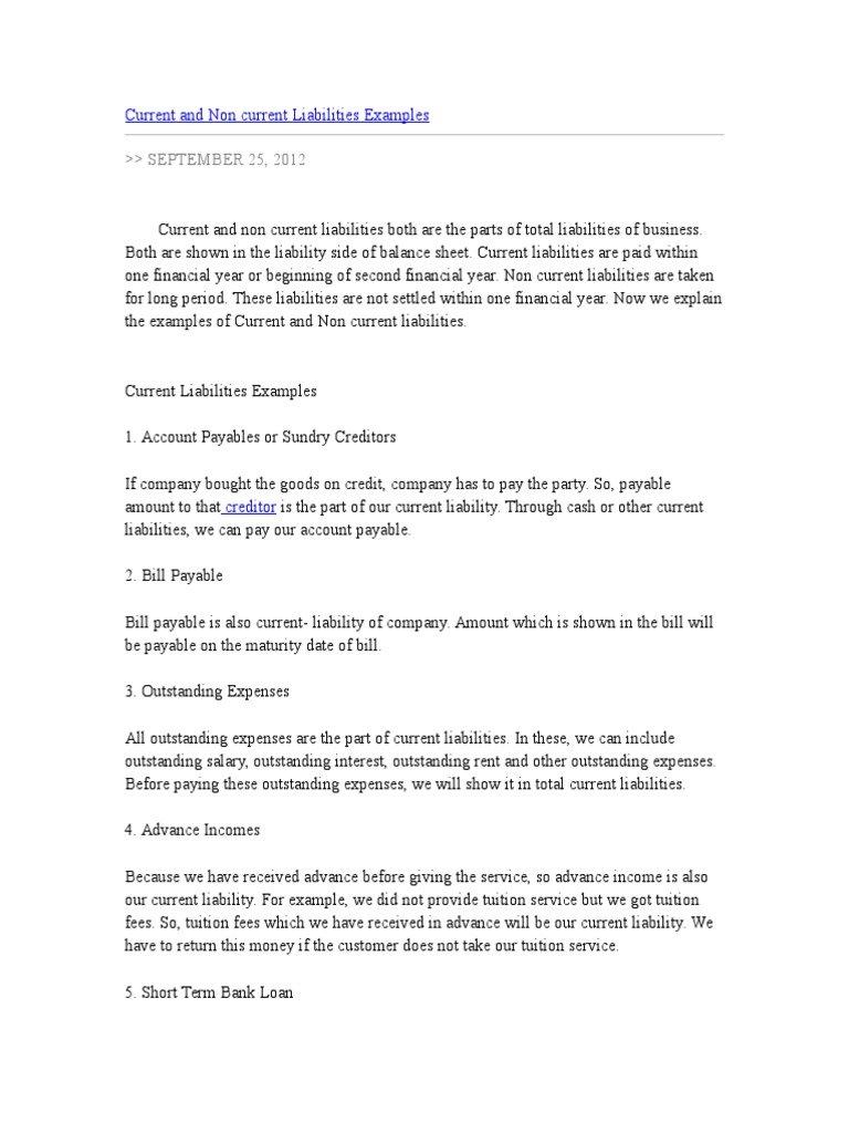 SEPTEMBER 25, 2012: Current and Non Current Liabilities Examples | PDF ...