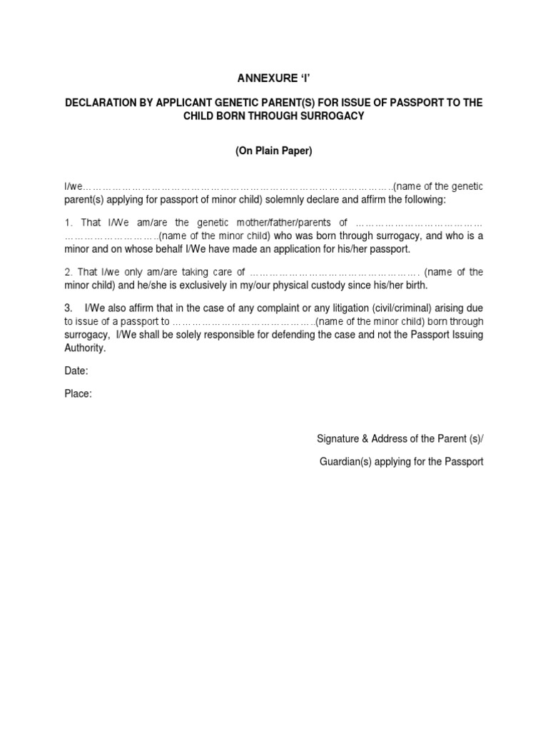 Declaration by Applicant Genetic Parent (S) For Issue of Passport To ...