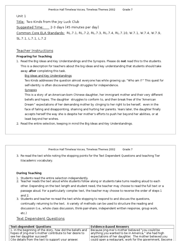 Teaching "Two Kinds" in Grade 7 ELA | PDF | Reading (Process) | Narration