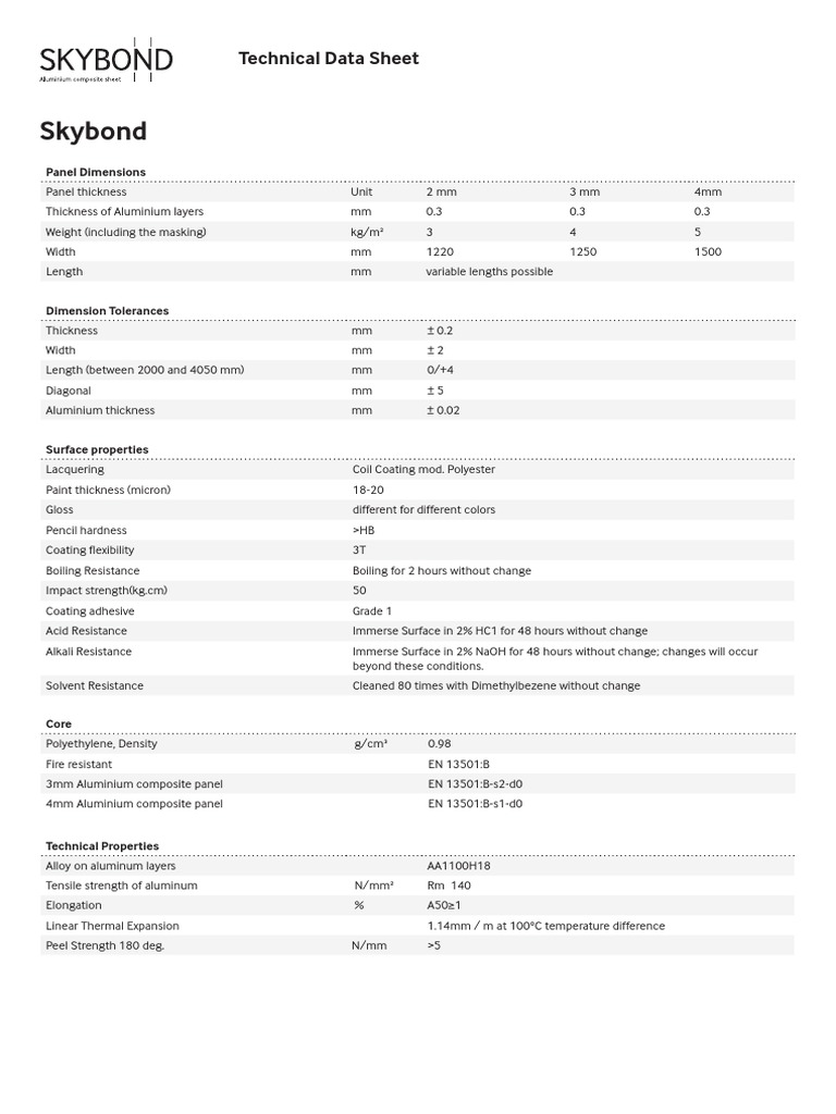 Skybond Sheets Technical Specifications | PDF