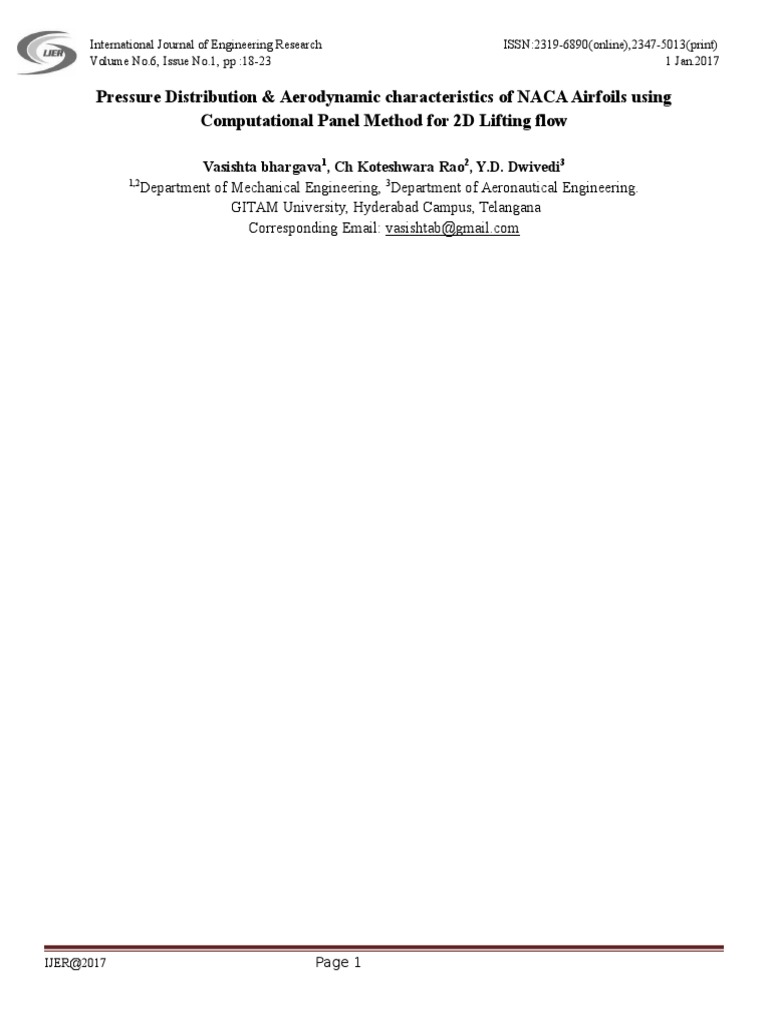 Pressure Distribution & Aerodynamic Characteristics of NACA Airfoils ...