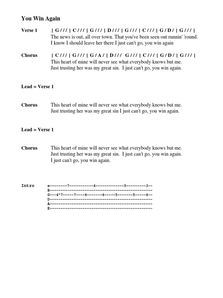 You Win Again - Song Lyrics & Chords | PDF