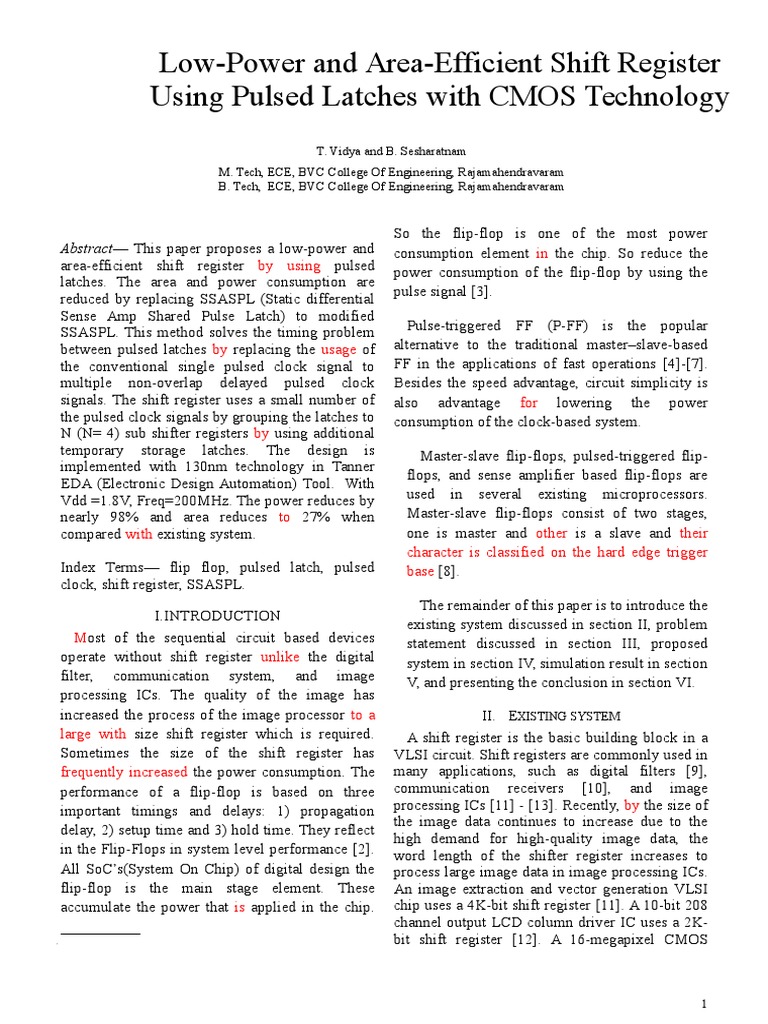 Low-Power and Area-Efficient Shift Register Using Pulsed Latches With CMOS Technology | PDF ...