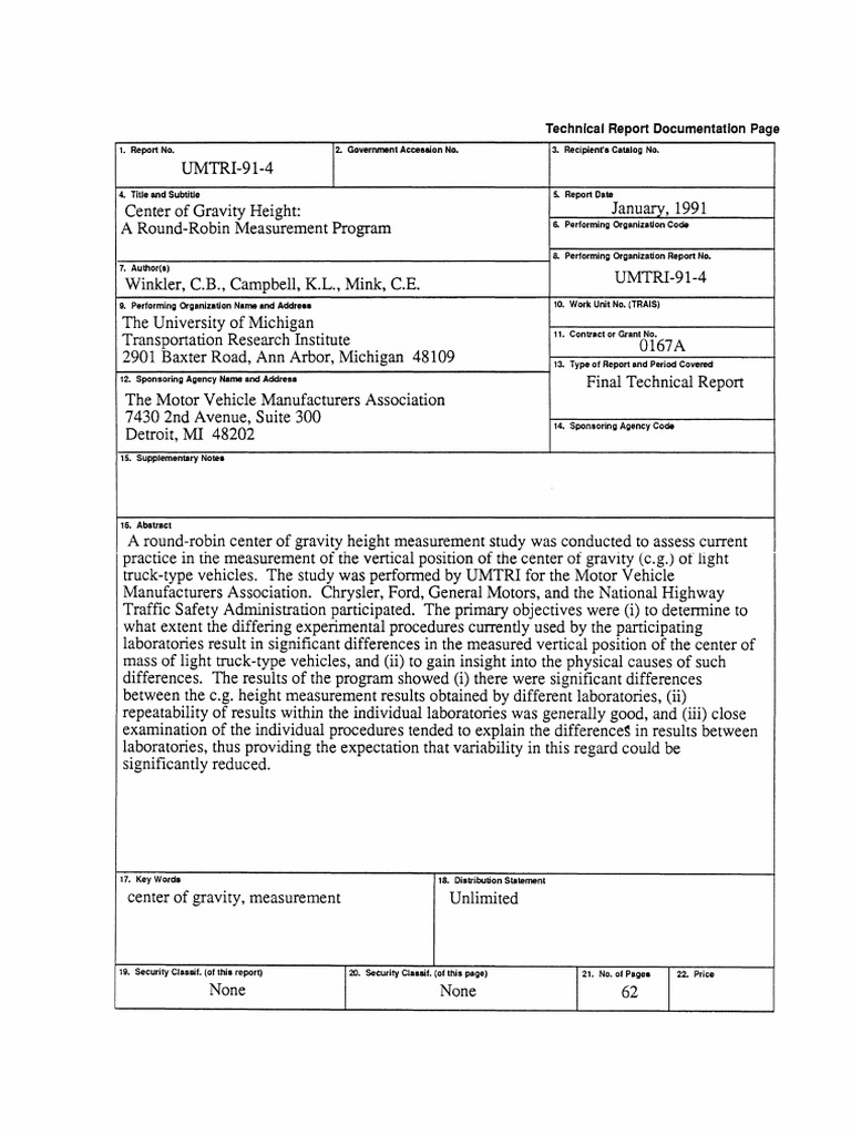Technical Report Documentation Page | PDF | Standard Deviation | Experiment