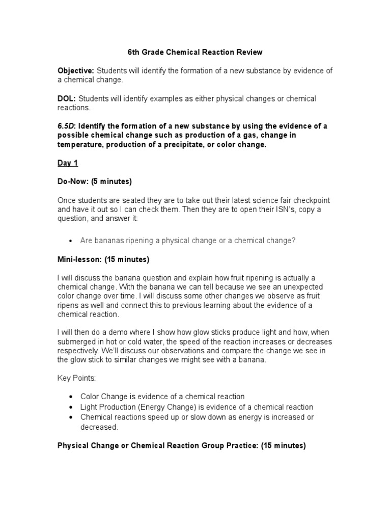 Chemical Reactions Review Plan | PDF
