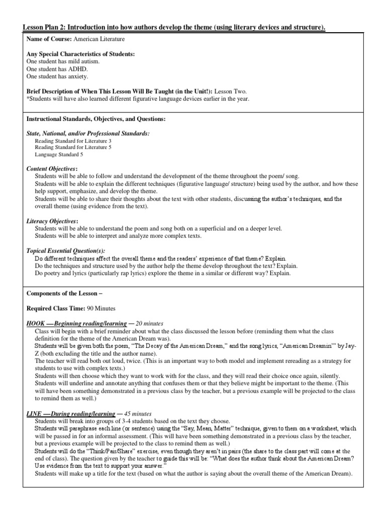American Dream Unit - Lesson Plan 2 | PDF