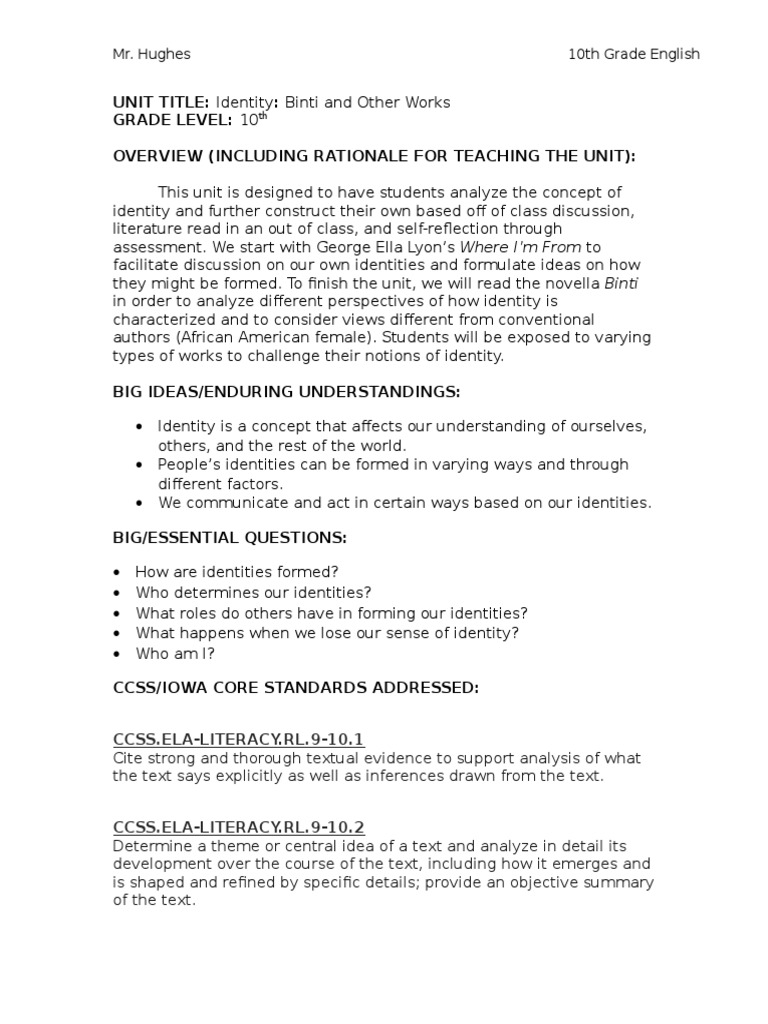 UNIT TITLE: Identity: Binti and Other Works Grade Level: 10 Overview ...