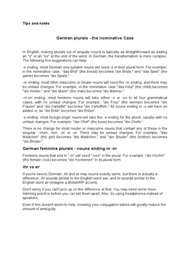 German Plurals - The Nominative Case: Tips and Notes | PDF ...
