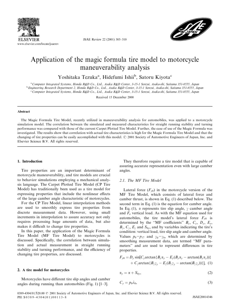 Application of Magic Formula Tire Model To Motorcycle Maneuverability ...