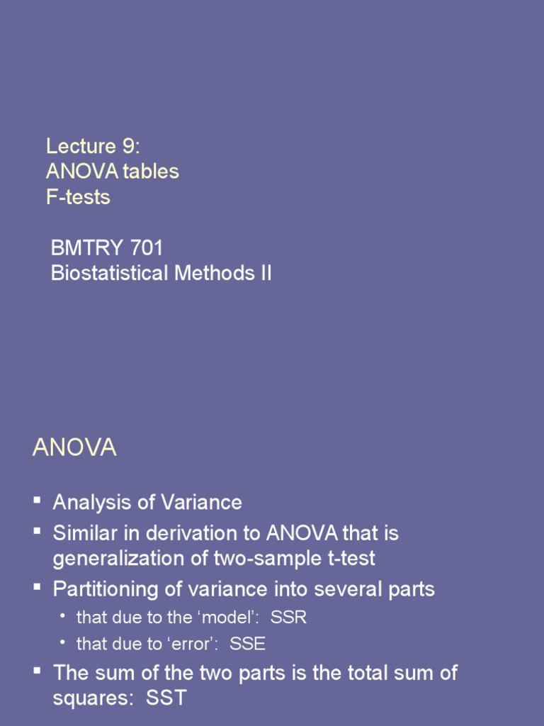 ANOVA Tables F-Tests: BMTRY 701 Biostatistical Methods II | Download ...
