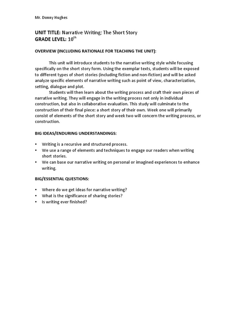 Narrative Writing Unit Plan | PDF | Narrative | Short Stories