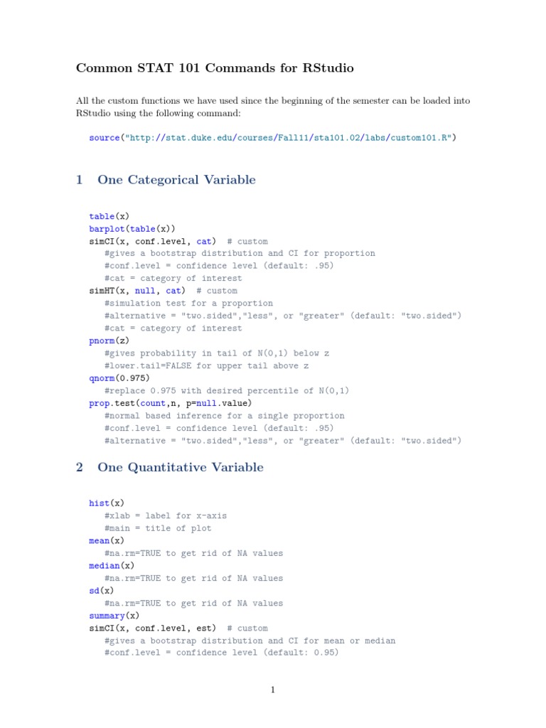 Common Stat 101 Commands For Rstudio: 1 One Categorical Variable | PDF ...
