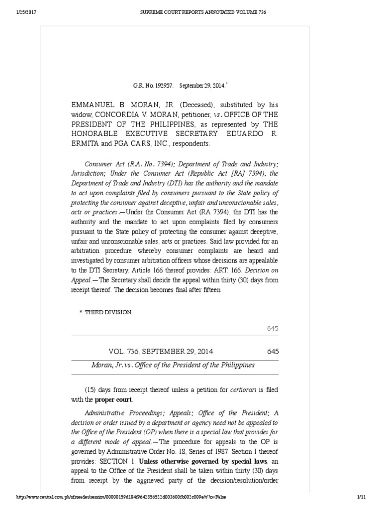 Moran V Office of The President | PDF | Certiorari | Appeal