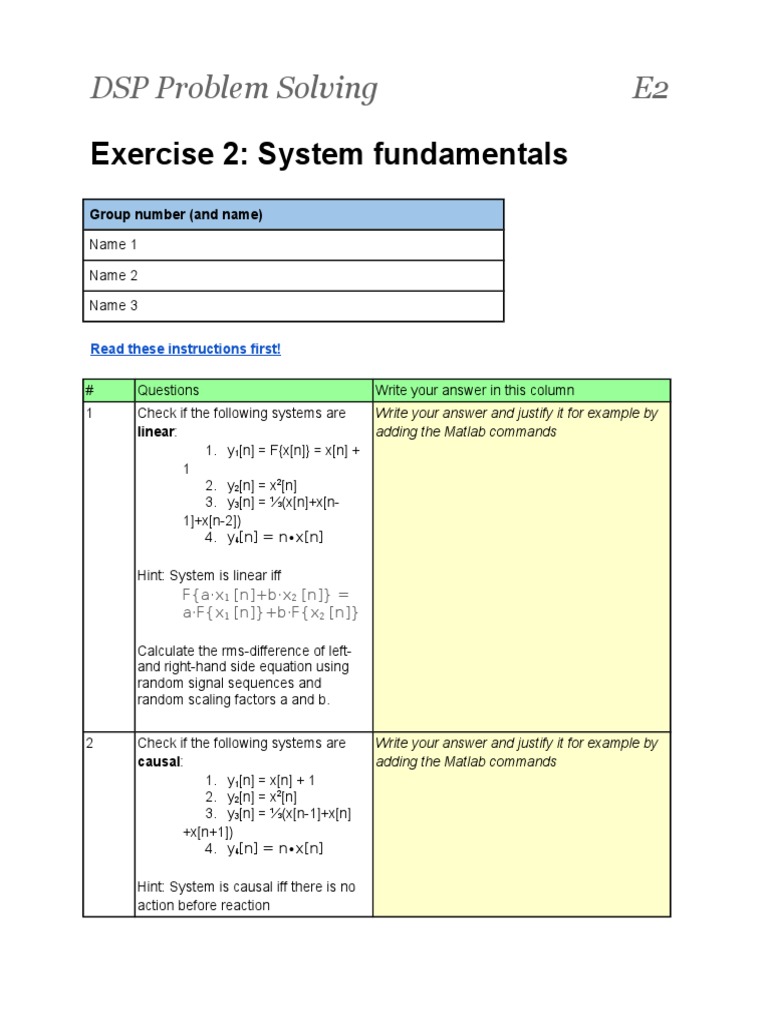 Exercise 2: System Fundamentals: DSP Problem Solving E2 | PDF