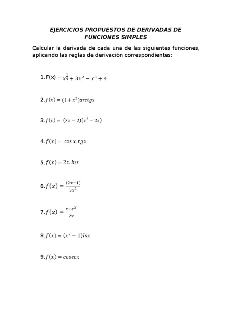 Ejercicios Propuestos de Derivadas de Funciones Simples | PDF