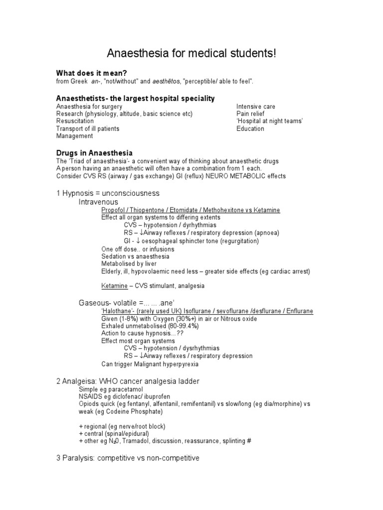 Anaesthesia Handout | PDF | Anesthesia | Medical Specialties