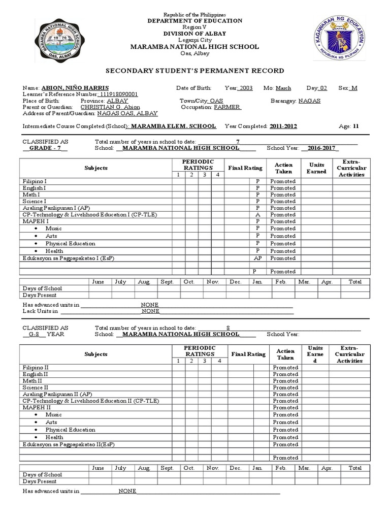 Secondary Student'S Permanent Record: Maramba National High School ...