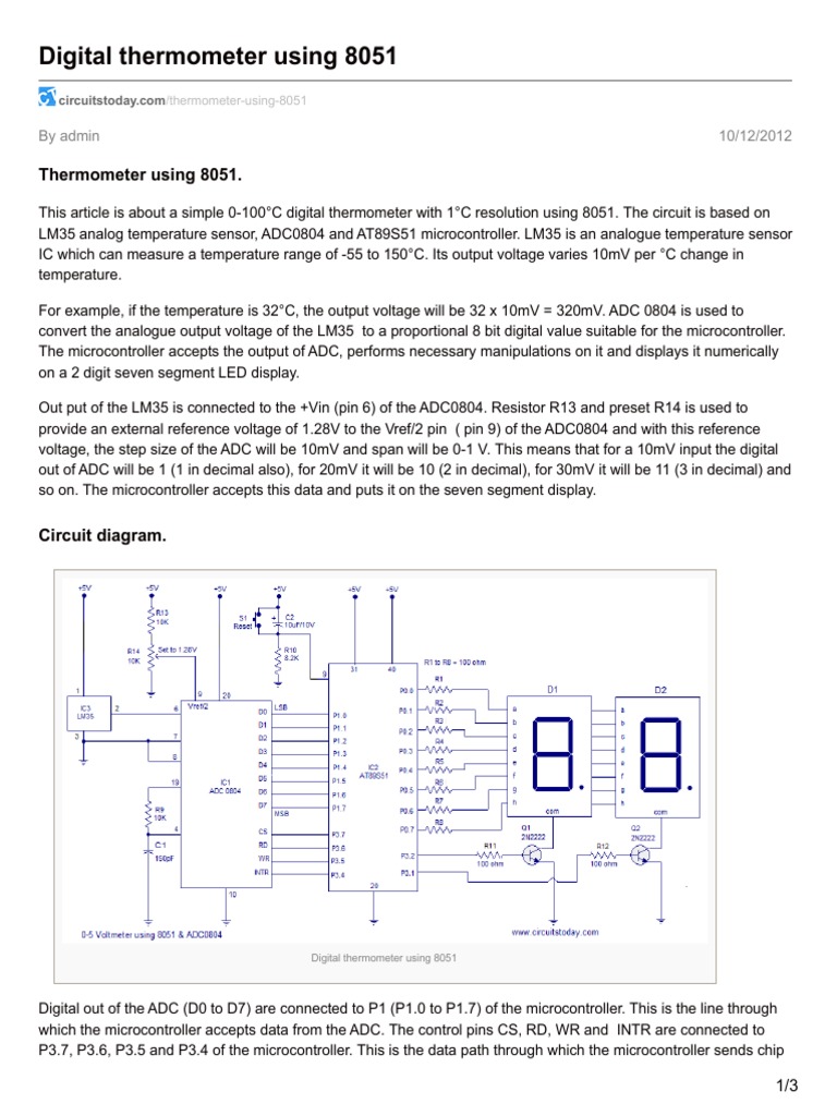 Digital Thermometer Using 8051 PDF | PDF | Analog To Digital Converter ...