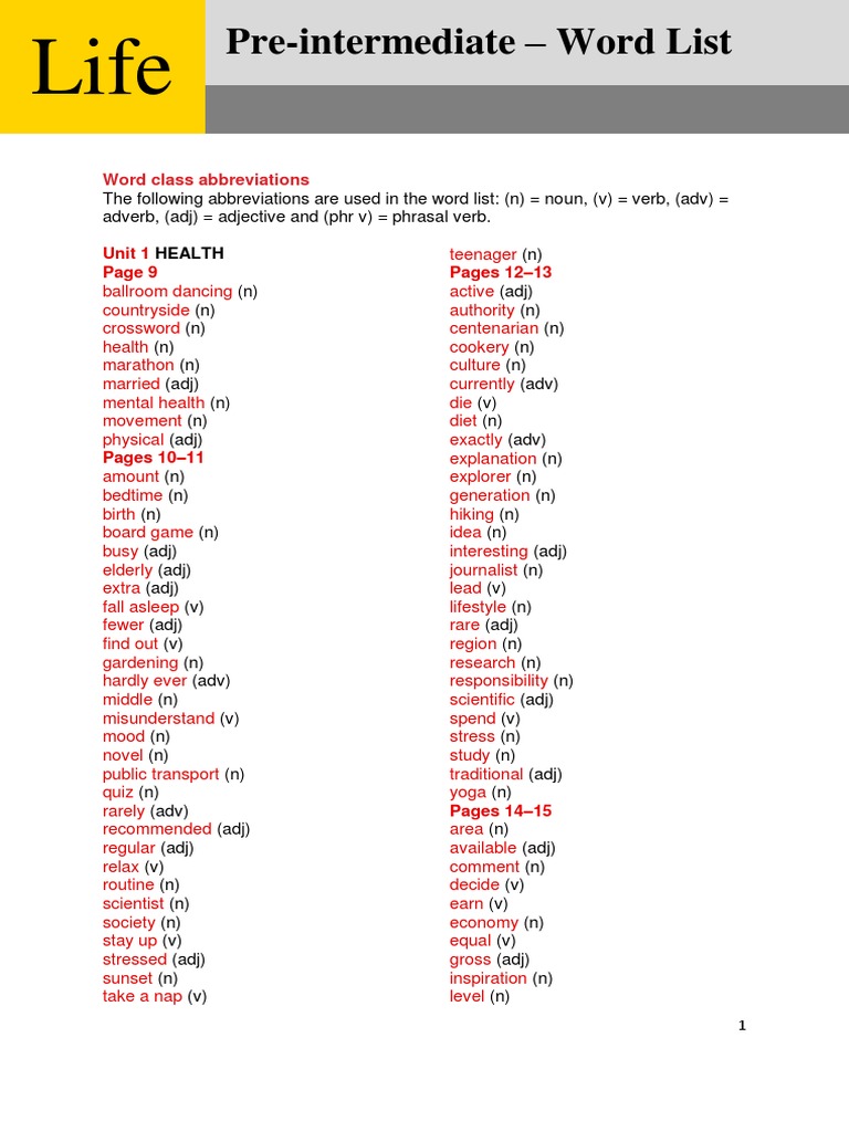 Pre-Intermediate Vocabulary List | PDF | Nature